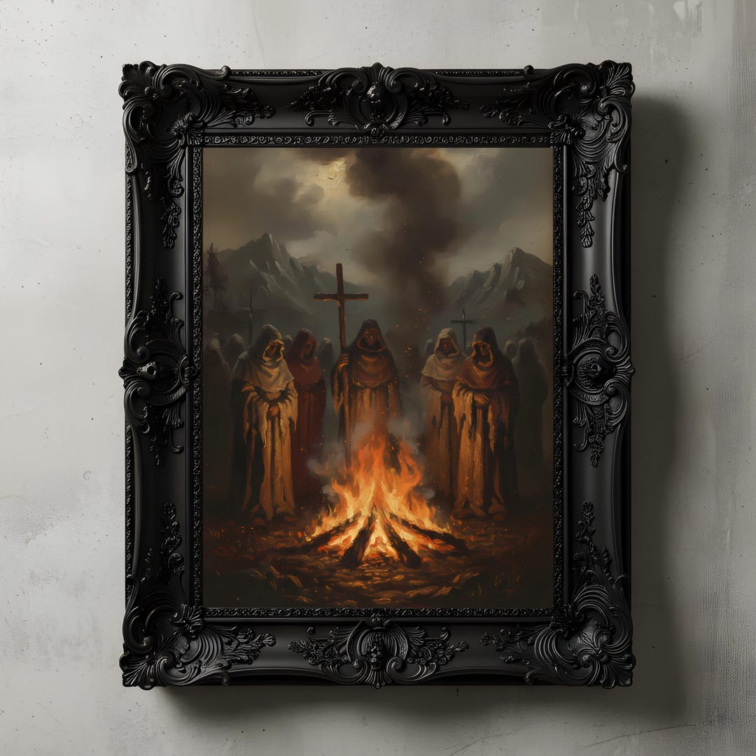 Gothic Ritual Wall Art, Dark Academia Bonfire Painting, Hooded Figure ...