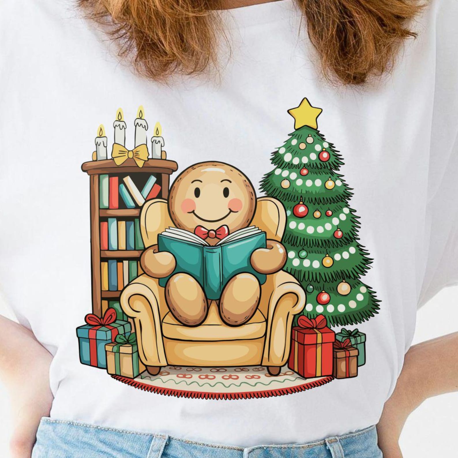 Gingerbread Reading Books Christmas Teacher Librarian Bookshelf PNG ...