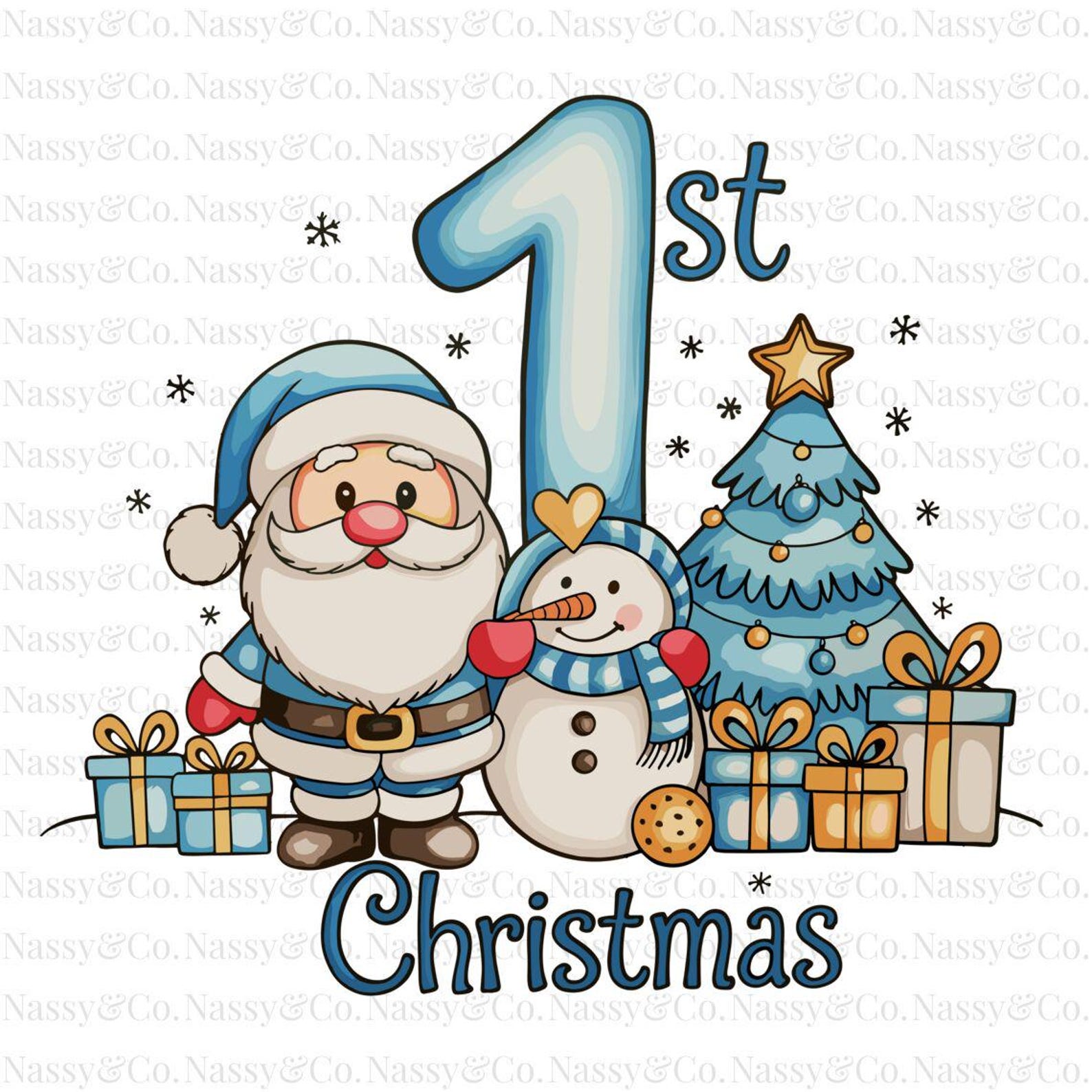 Watercolor Blue My 1st Christmas Tree Santa Snowman Baby Boy PNG ...