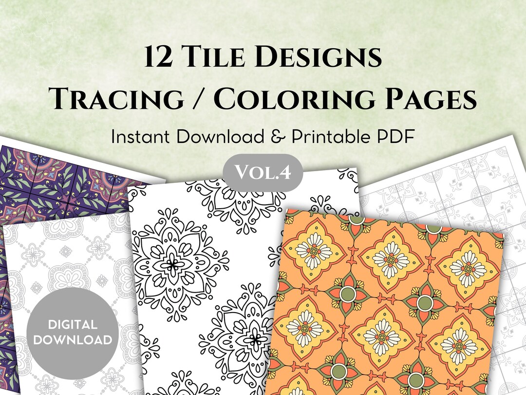12 Tracing & Coloring Pages : Tile Patterns, Digital Printable, Stress ...