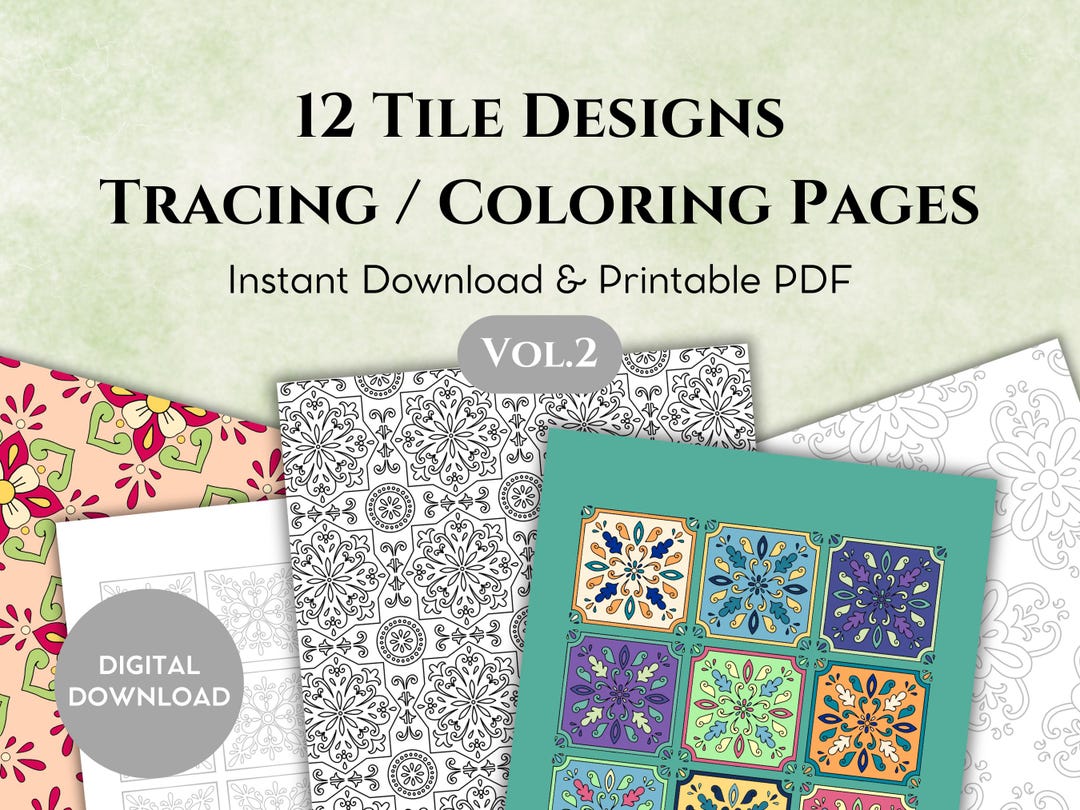 12 Tracing & Coloring Pages : Tile Designs, Printable, Digital Pages ...
