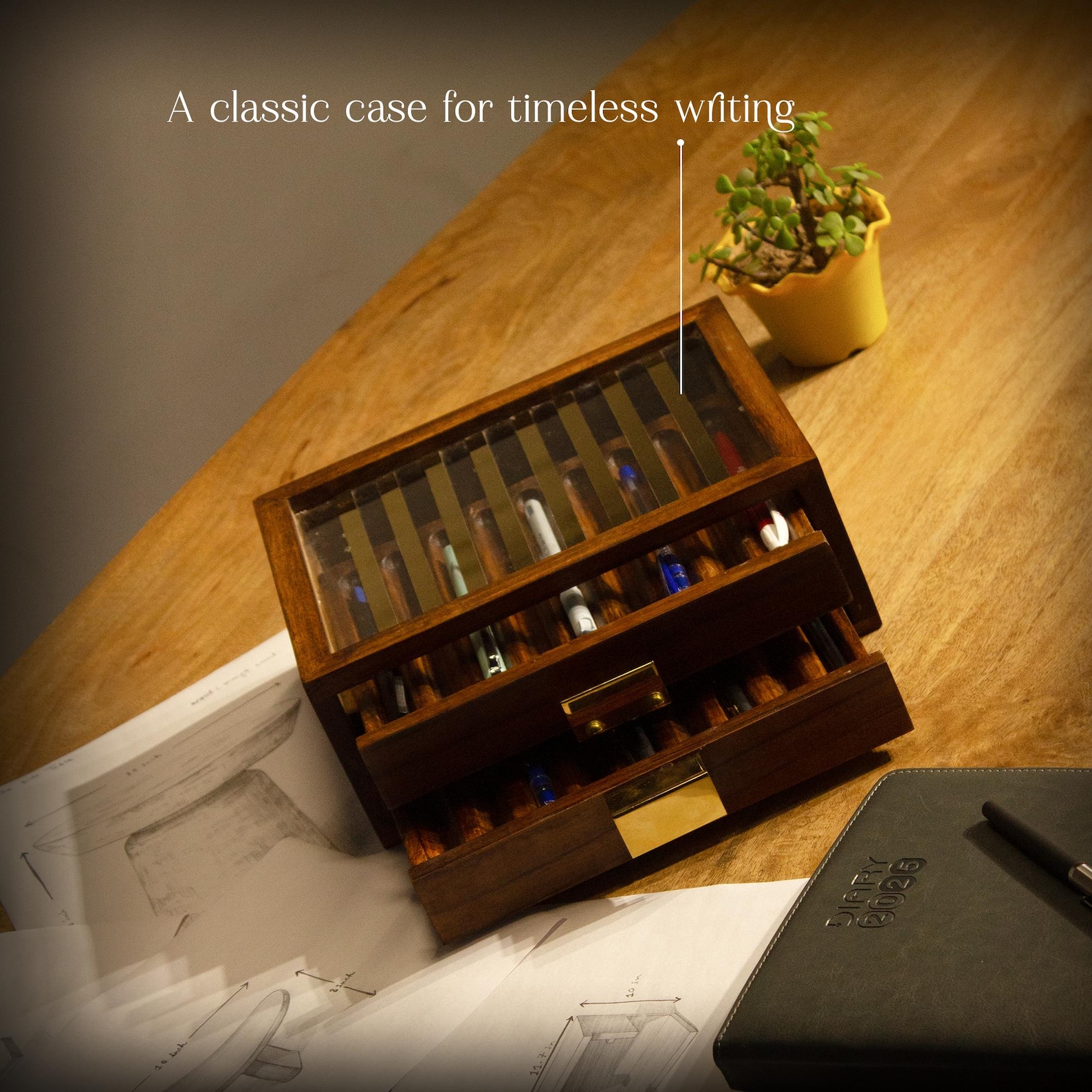 Handmade Wooden Pen Box With Glass Top – Brass Handle Desk Organizer - Etsy