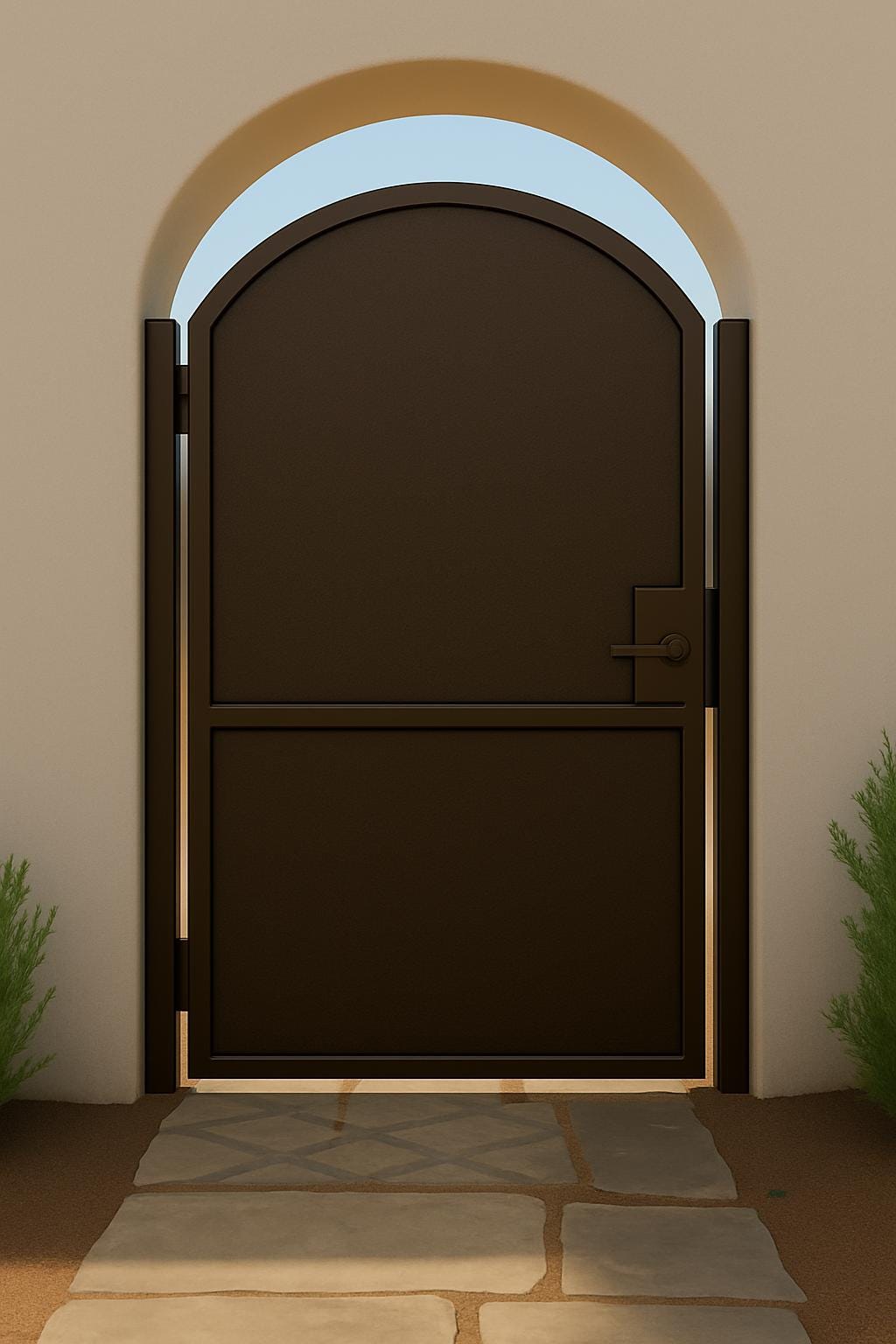 Modern Arched Iron Gate With Sheet Metal X-panel – Custom Steel Privacy ...