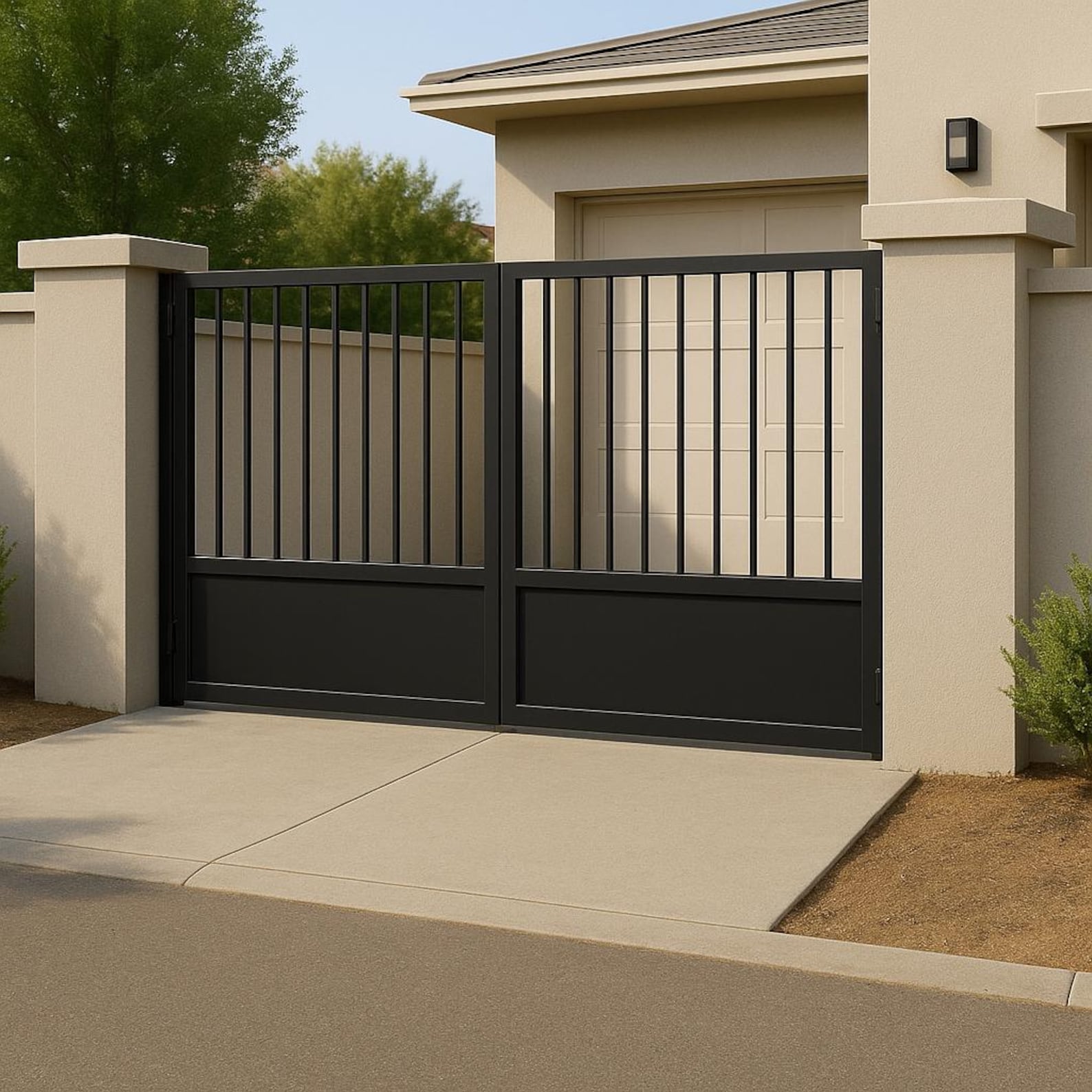 Modern Brown Steel Driveway Gate | Custom Vertical Bar Swing Gate - Etsy