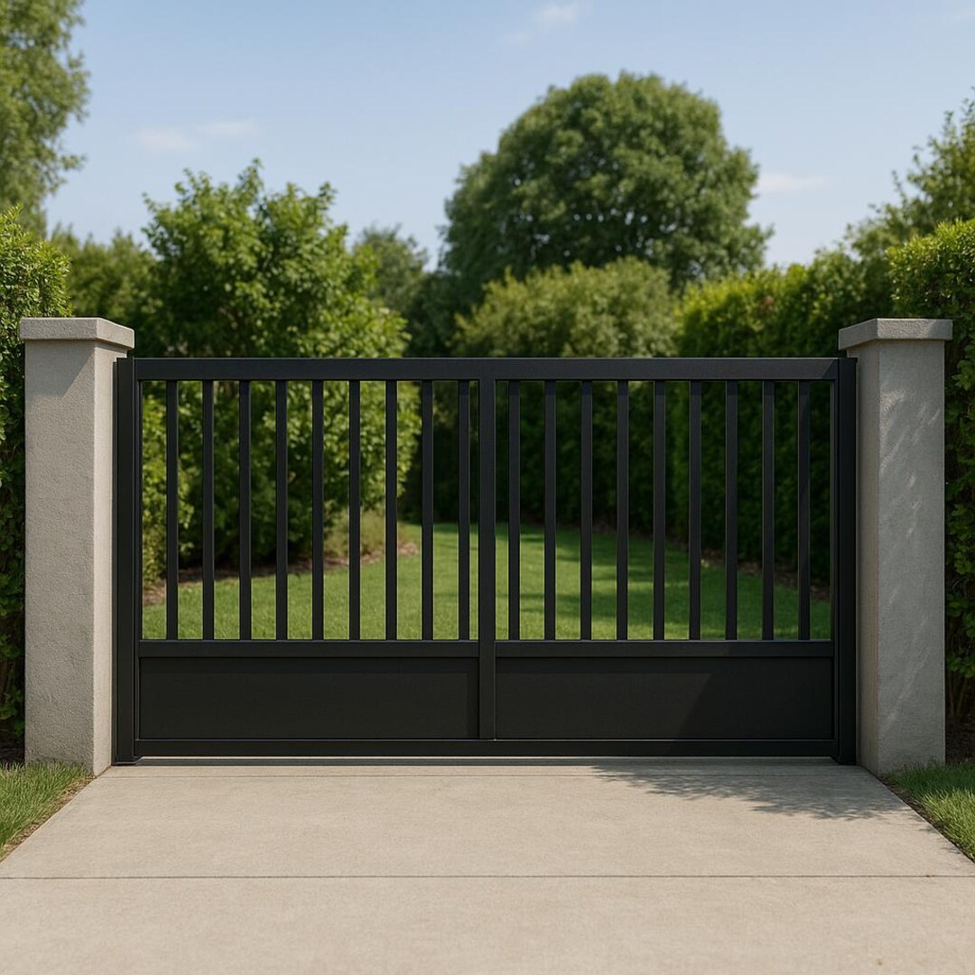 Modern Brown Steel Driveway Gate | Custom Vertical Bar Swing Gate - Etsy