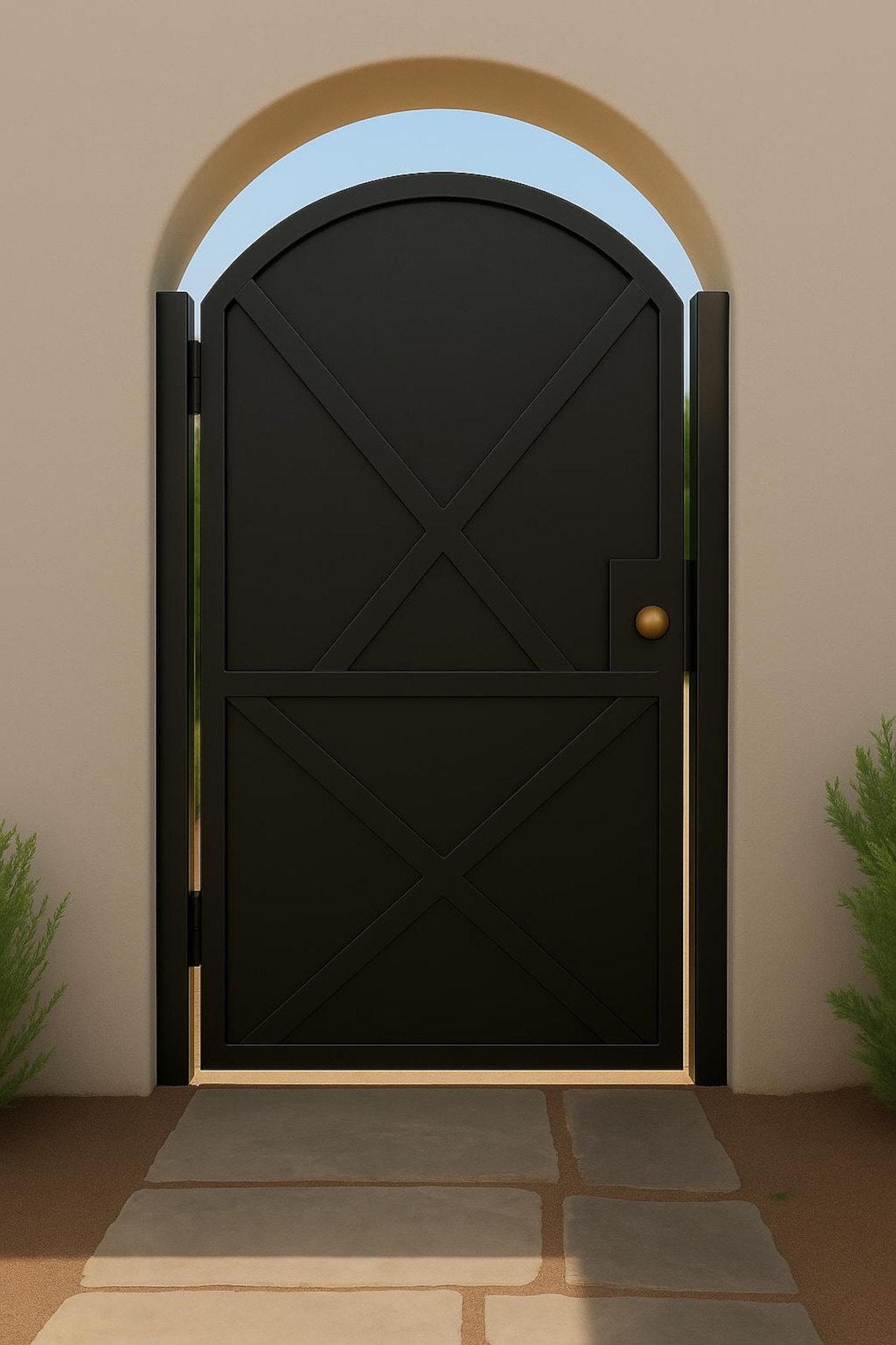 Modern Arched Iron Gate With Sheet Metal X-panel – Custom Steel Privacy ...