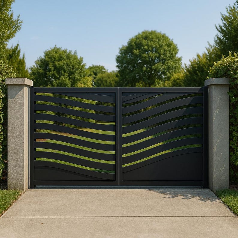 Modern Wave Steel Driveway Gate | Custom Double Swing Entrance - Etsy