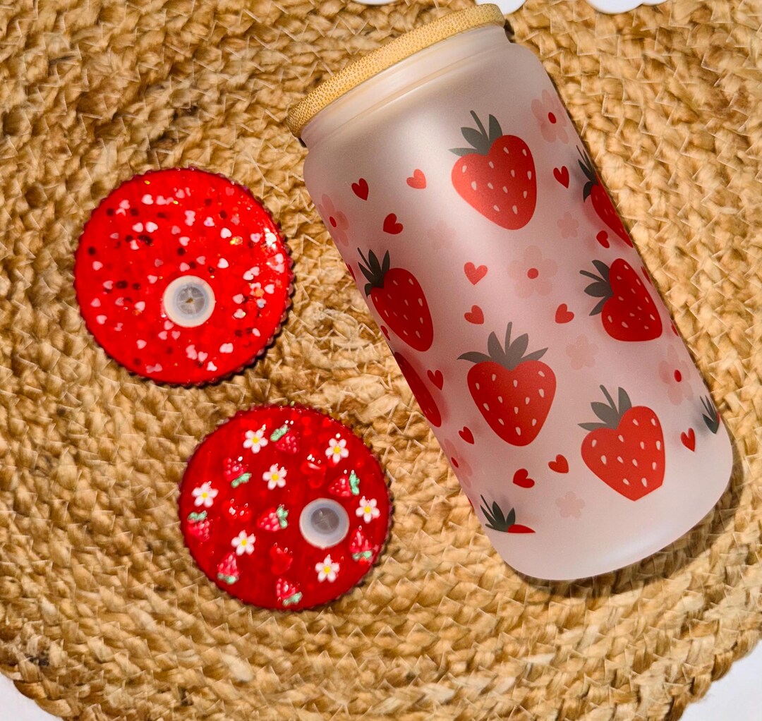 Strawberry and Hearts Glass Libbey Cup With Plastic Lid and Straw ...