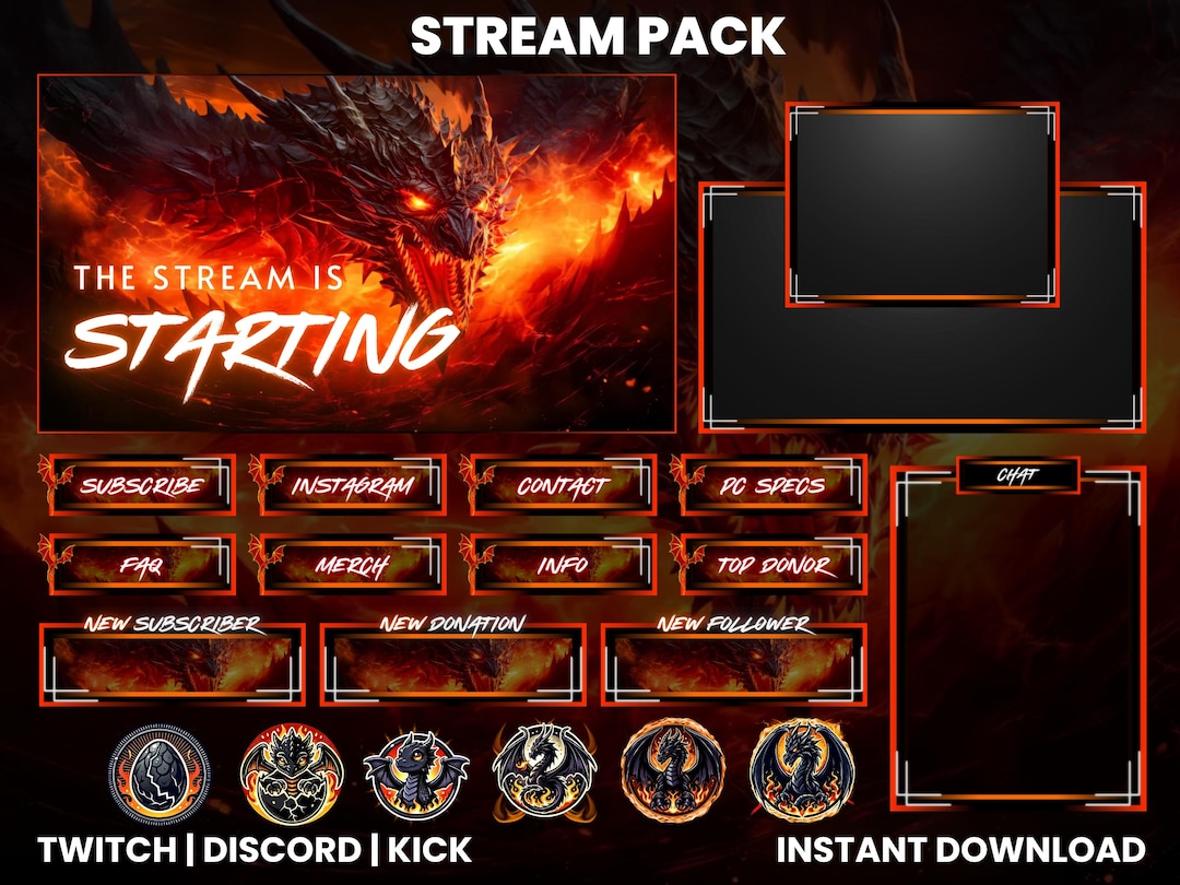 Dragon Twitch Stream Pack | Twitch Screen Overlays | Animated Webcam ...