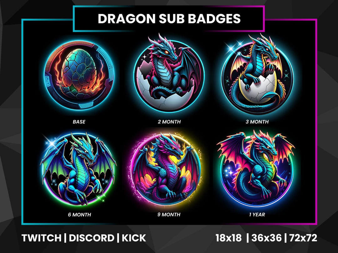 Neon Dragon Twitch Sub Badges | Evolution Set (PNG) - Etsy