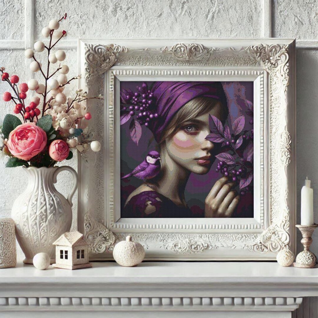 Cross Stitch Pattern PDF – Woman in Violet, Elegant Portrait Embroidery ...