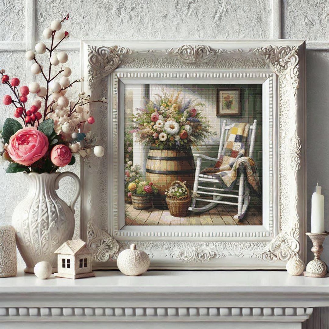 Cross Stitch Pattern PDF – Rocking Chair With Flowers on Barrel, Rustic ...
