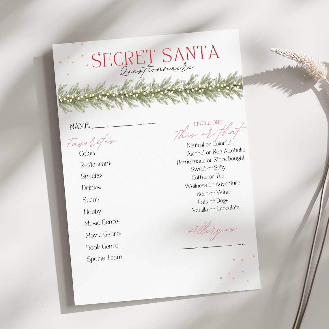 Work Secret Santa, Printable Secret Santa List, Secret Santa Survey ...