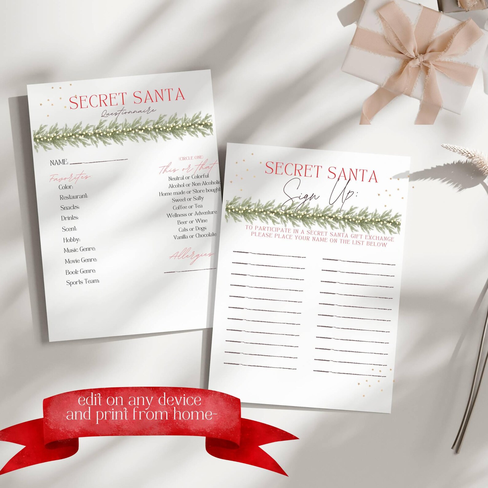 Work Secret Santa, Printable Secret Santa List, Secret Santa Survey ...