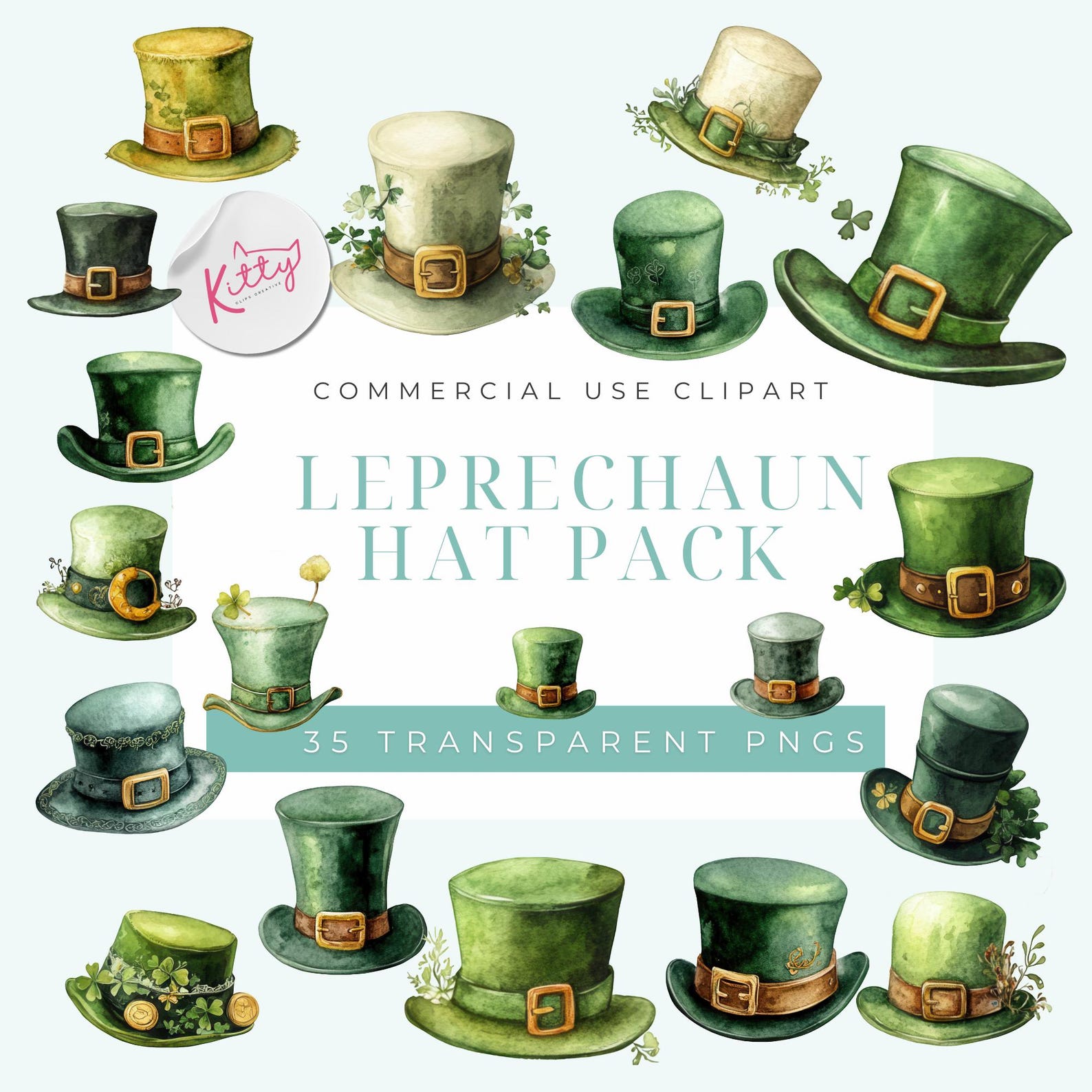 Watercolour Cute Leprechaun Hat's PNG| Clipart Pack | 50 PNG'S| St ...