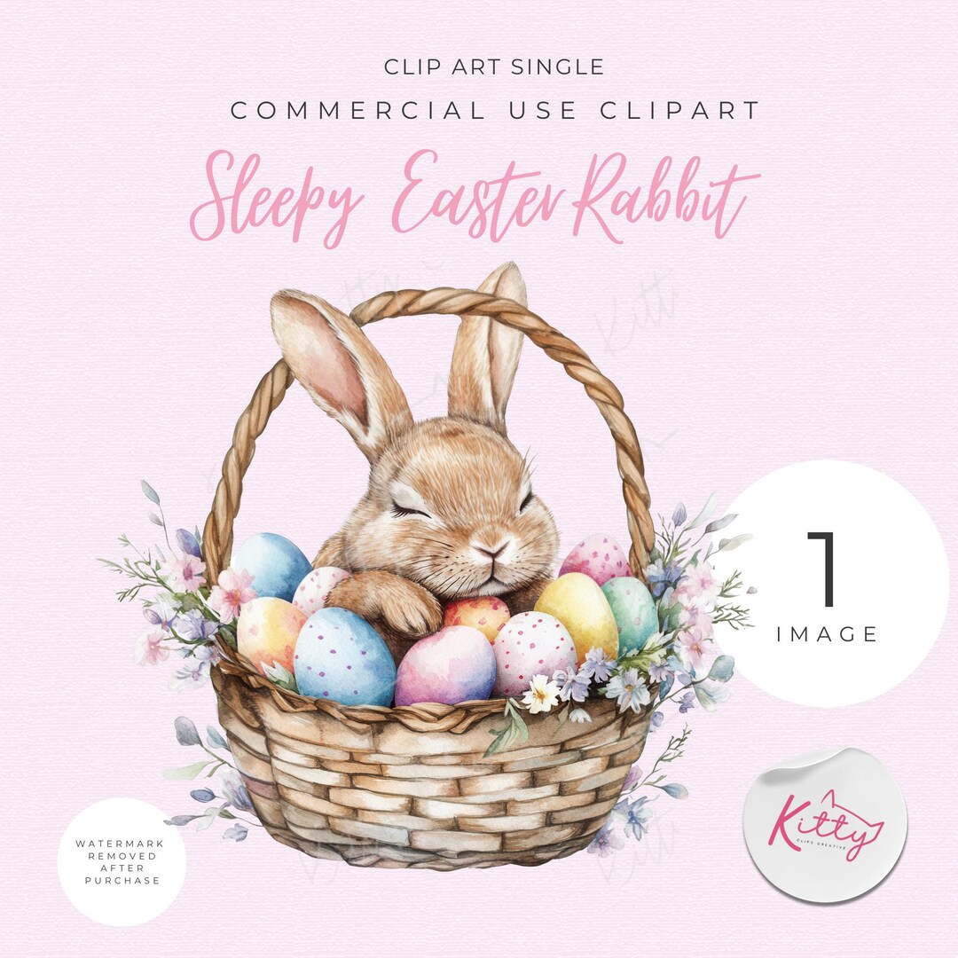 Single Watercolour Cute Sleepy Easter Rabbit With Easter Eggs PNG ...