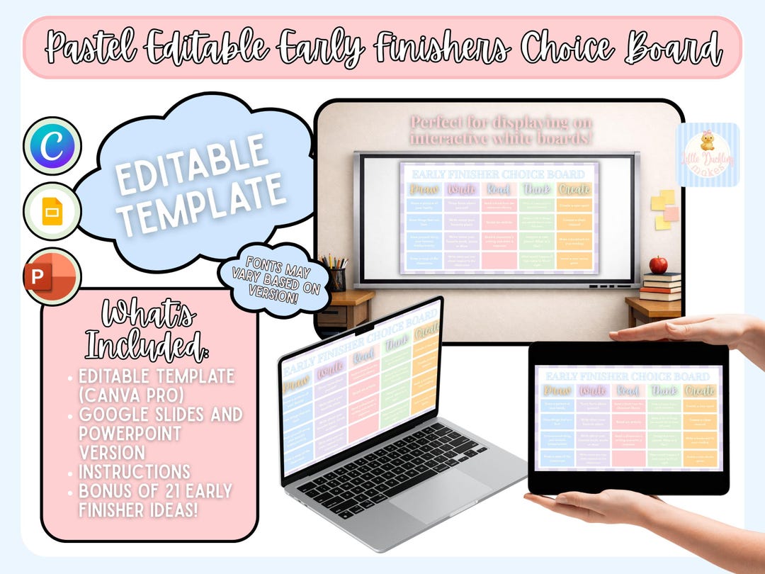 Editable Early Finisher Choice Board | Canva, Powerpoint, Google Slides ...
