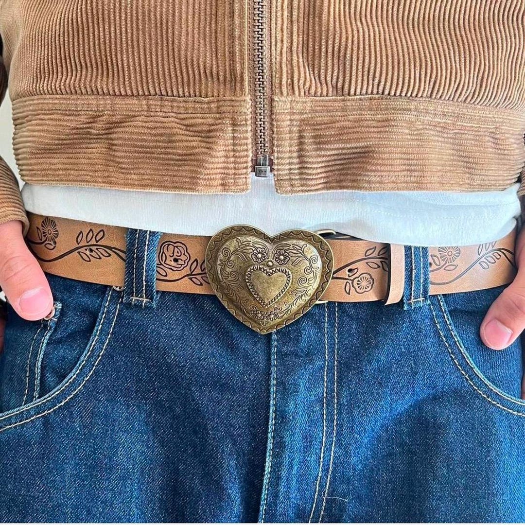 Vintage Style Brown Floral Heart Buckle Belt - Etsy