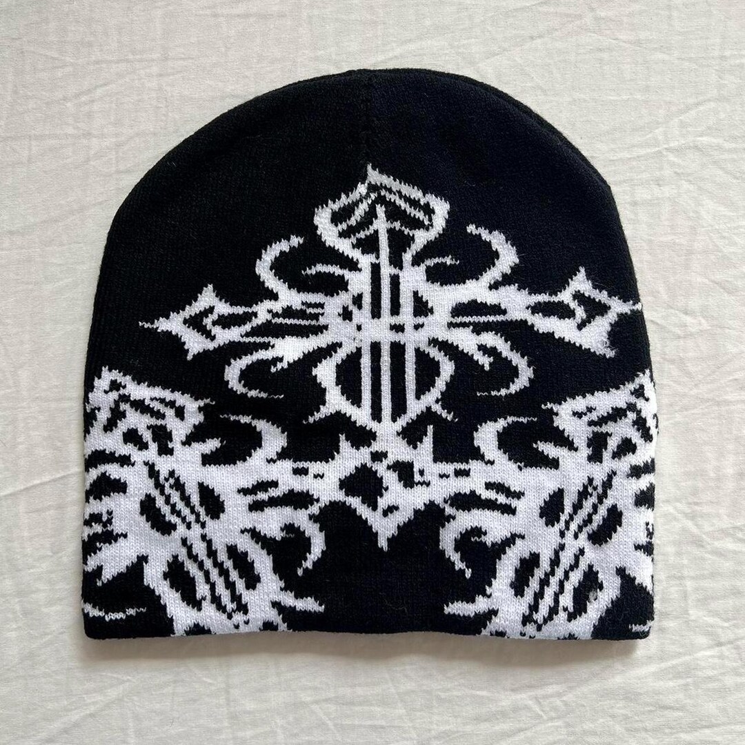 Y2k Goth Emo Cream and Black Grunge Beanie - Etsy