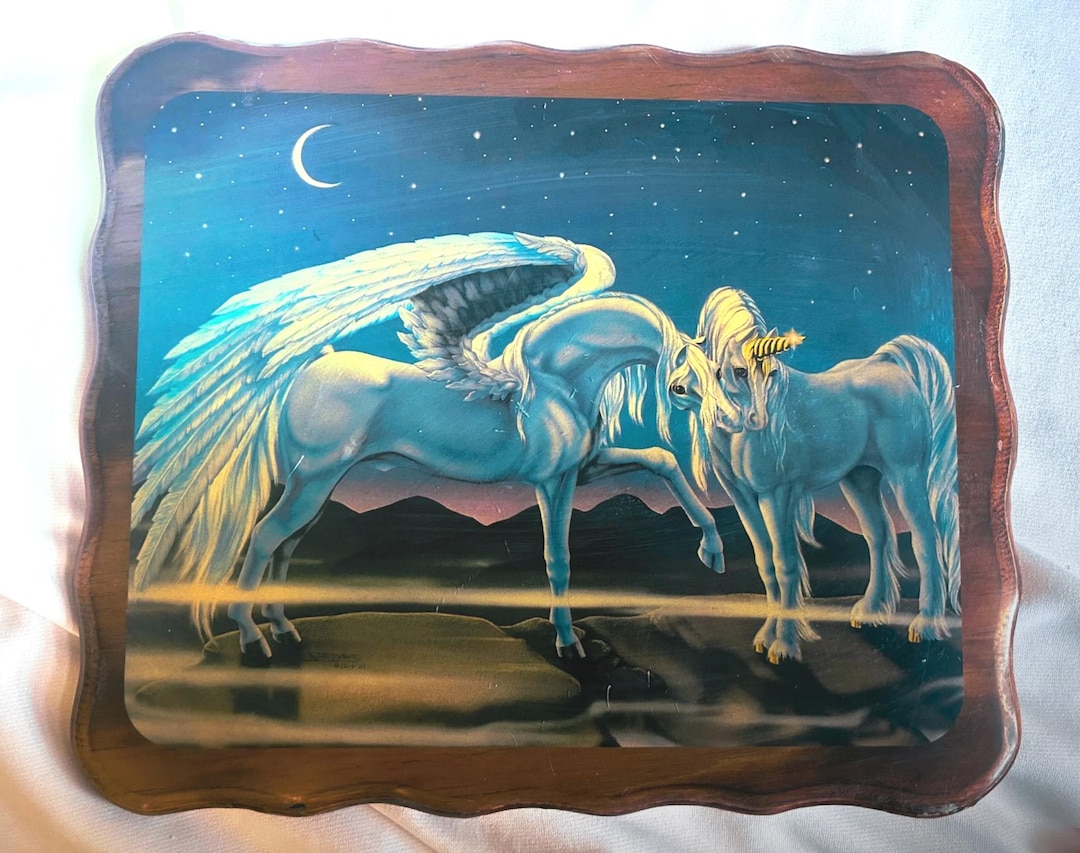 Vintage 80s Sue Dawe Unicorn & Pegasus Wooden Plaque – Cosmic Fantasy ...