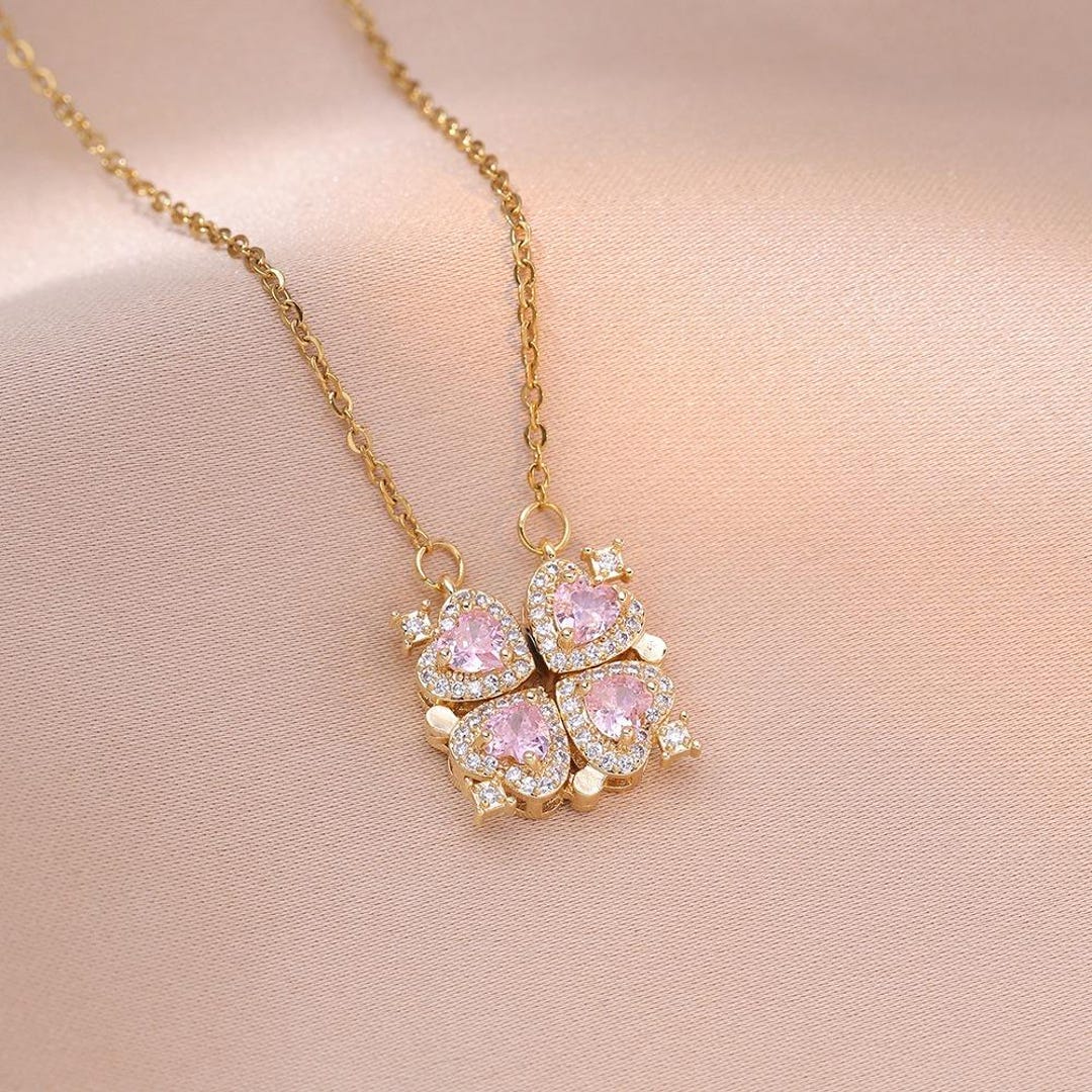 Fashion Pink Gem Gold Four Leaf Clover Women Necklace Gothic Love Heart ...