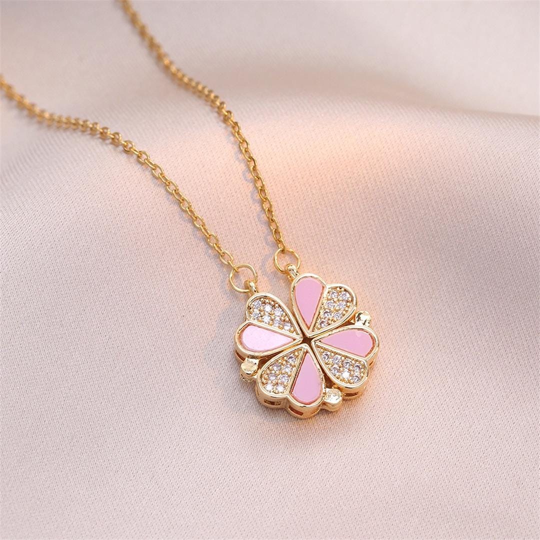 Fashion Gold Pink Four Leaf Clover Women Necklace Gothic Love Heart ...