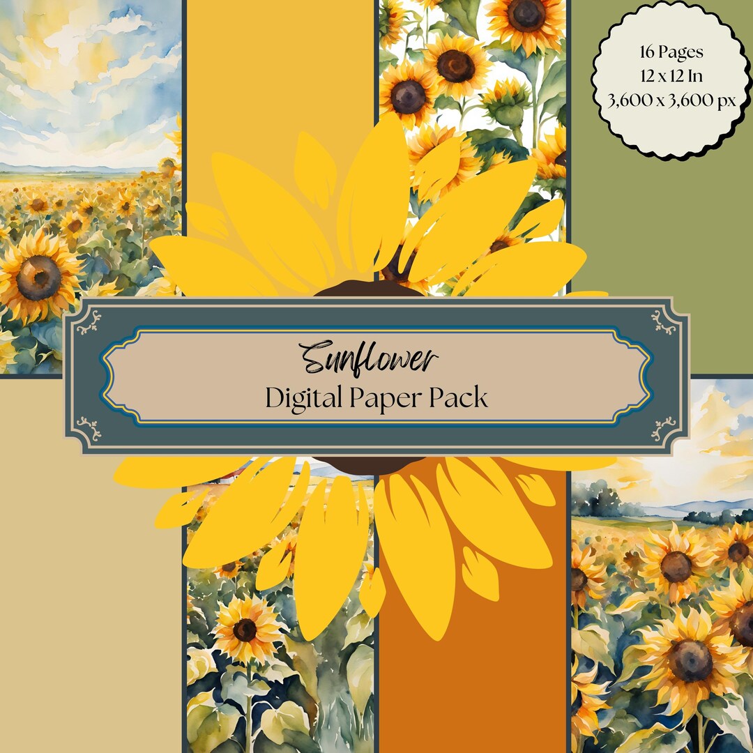 Watercolor Sunflower Digital Paper Pack - 16 Papers 12x12 Inches ...