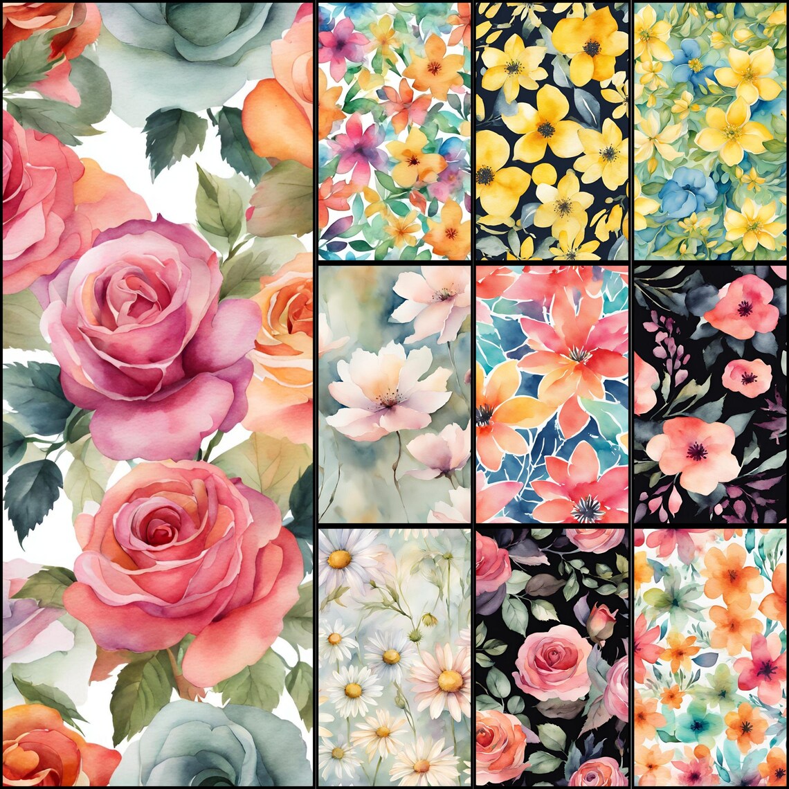 Floral Watercolor Digital Paper - Light Pastel and Dark Floral Designs ...