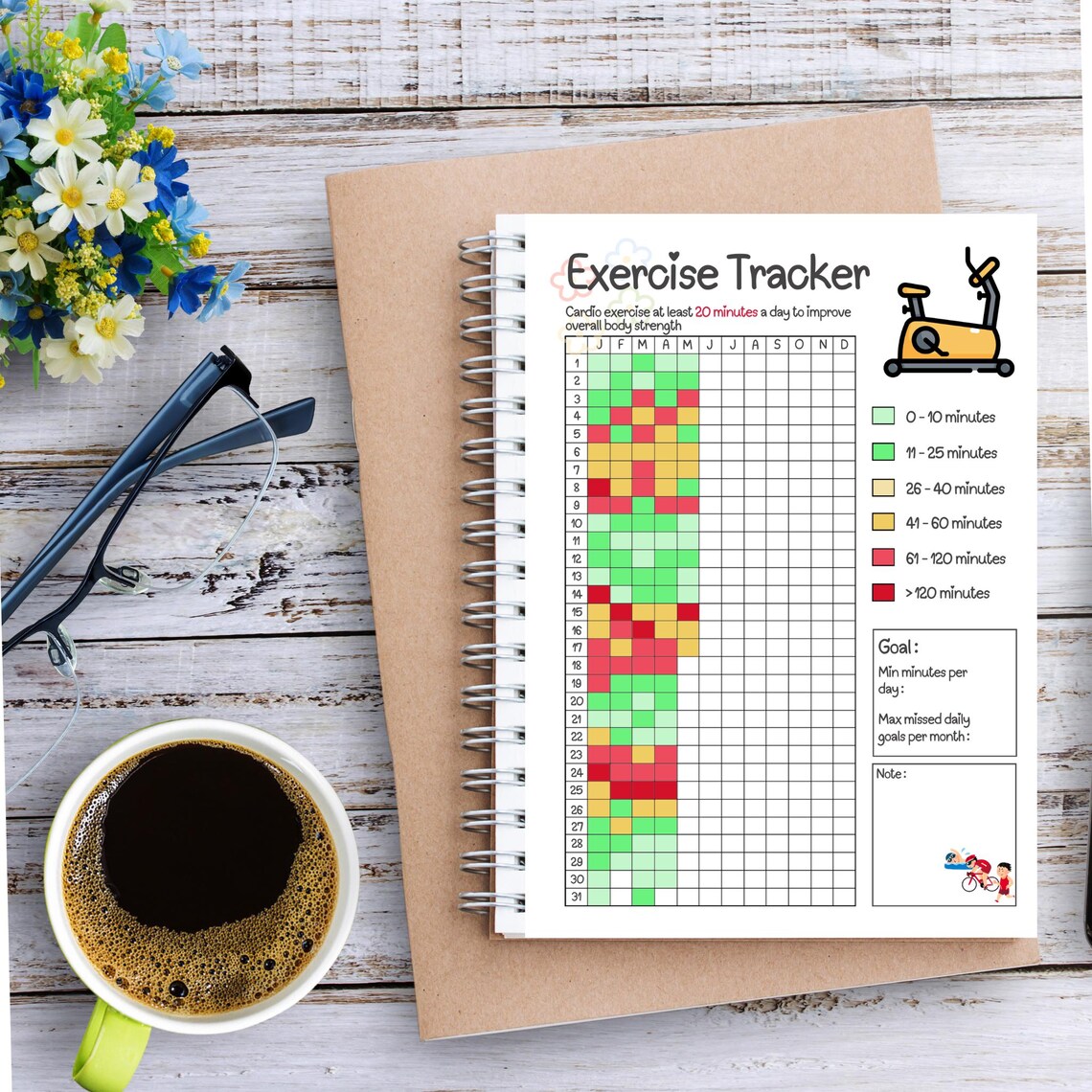 Exercise Time Tracker: Printable Workout Progress, Cardio Log, Exercise ...