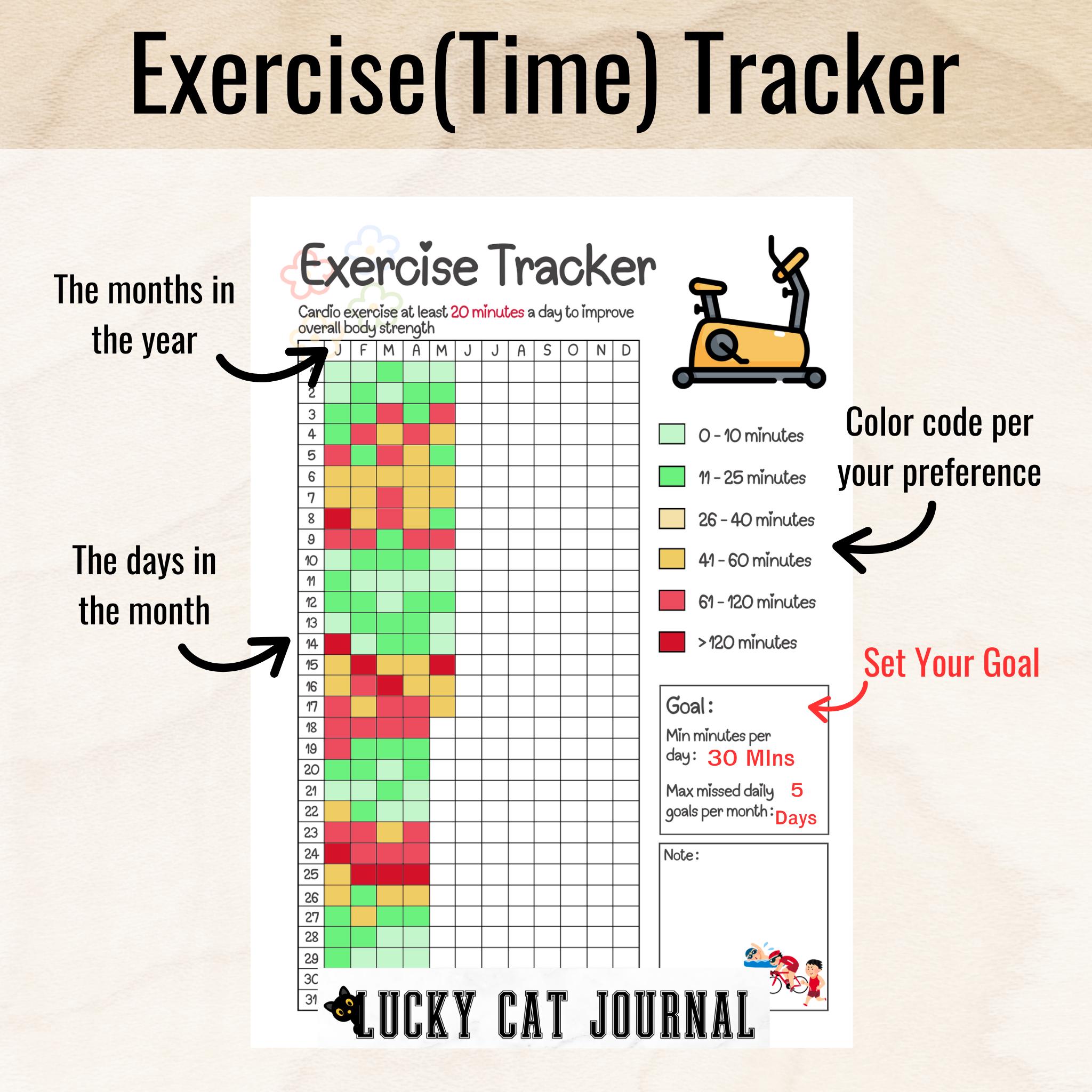 Exercise Time Tracker: Printable Workout Progress, Cardio Log, Exercise ...