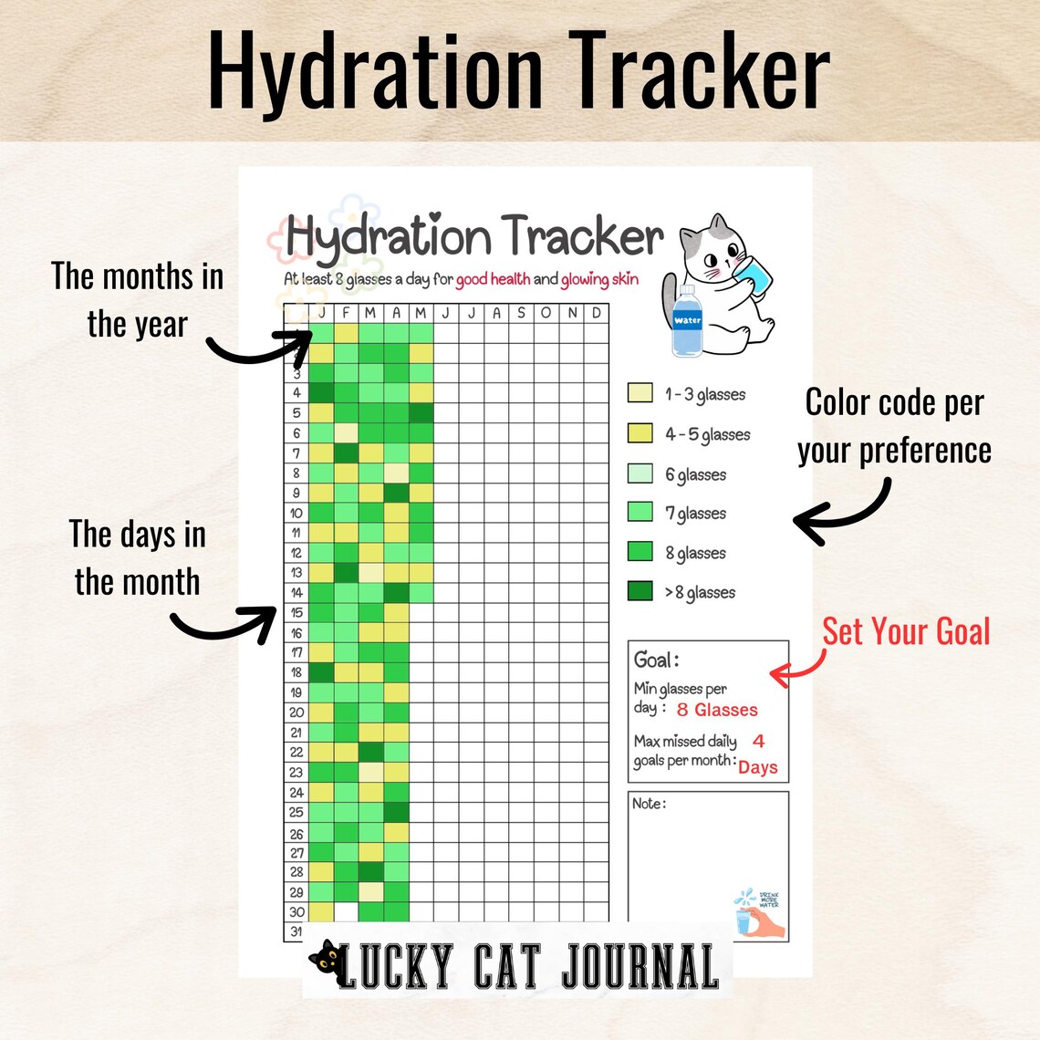 Daily Hydration Tracker: Printable Water Intake Goal Sheet, Health ...