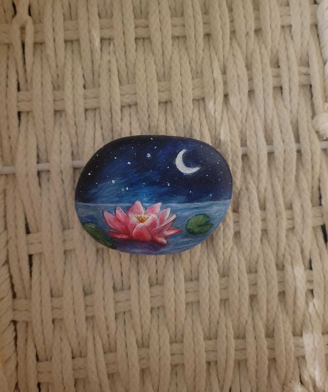 Hand-painted Stone, Rock Art, Water Lily Artwork, Moon, Unique Gift ...