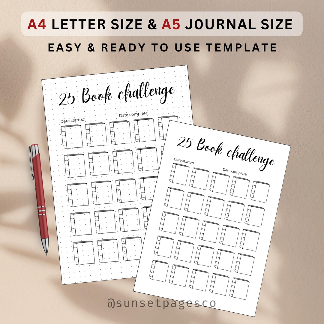 25 Book Challenge Tracker - Printable Reading Log (A4 & A5 Digital ...