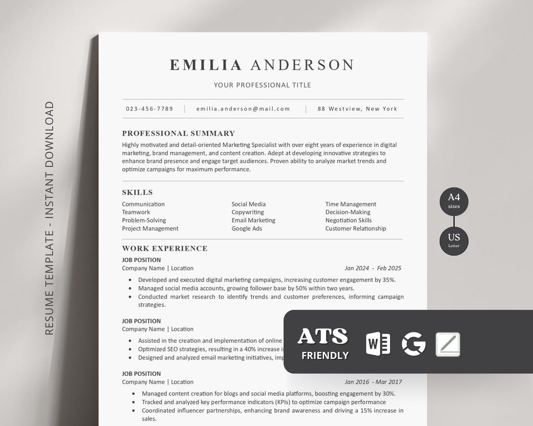 ATS Friendly Resume Template for Google Docs, Word and Pages, ATS ...