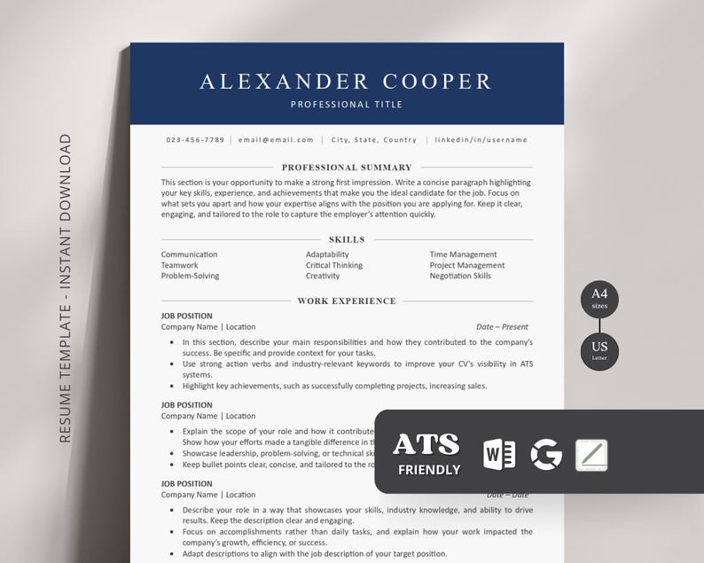 ATS Friendly Resume Template for Word, Pages, Google Docs, ATS ...
