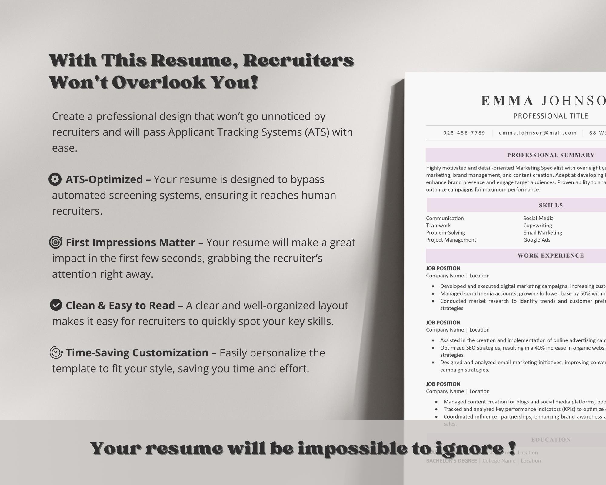 ATS Friendly Resume Template Word, Pages, Google Docs, ATS Resume, ATS ...