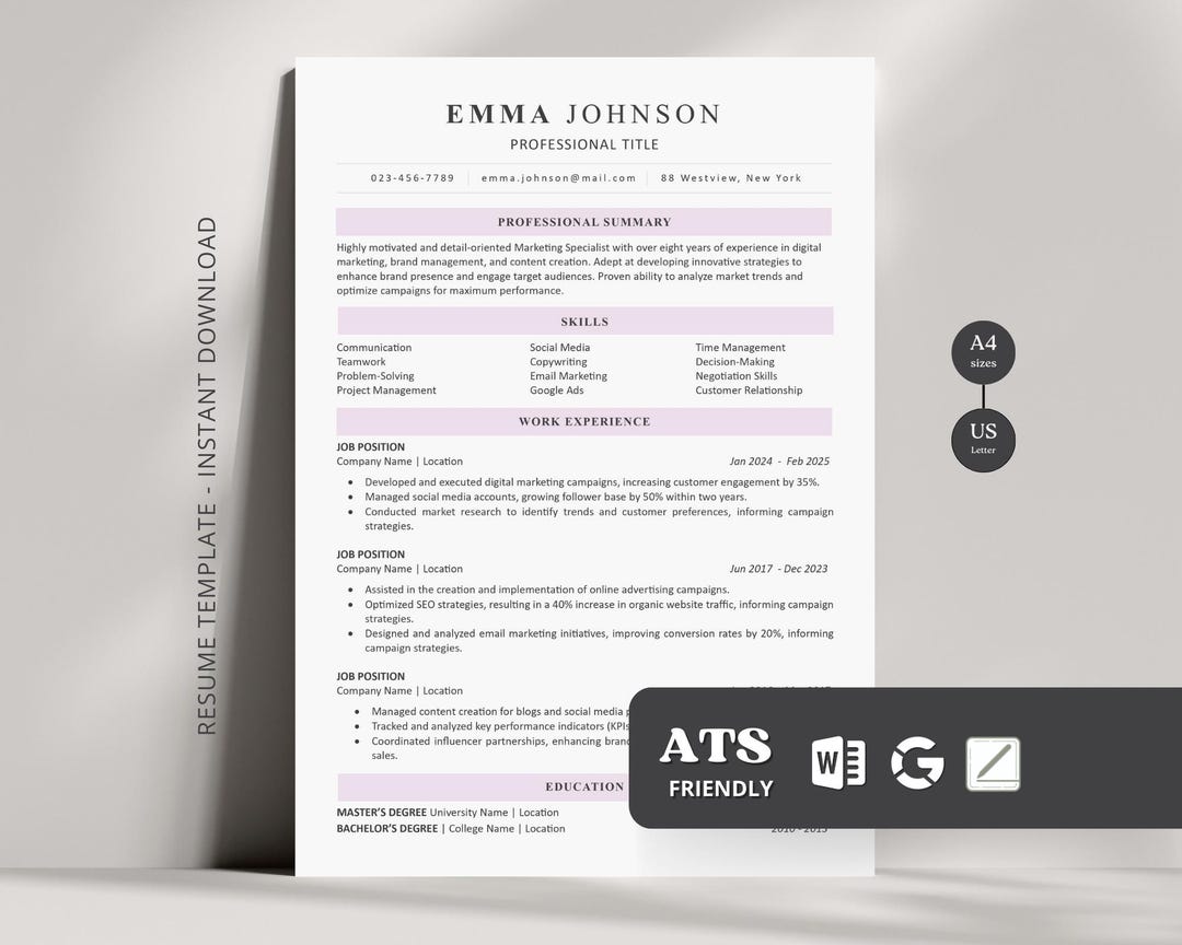 ATS Friendly Resume Template Word, Pages, Google Docs, ATS Resume, ATS ...
