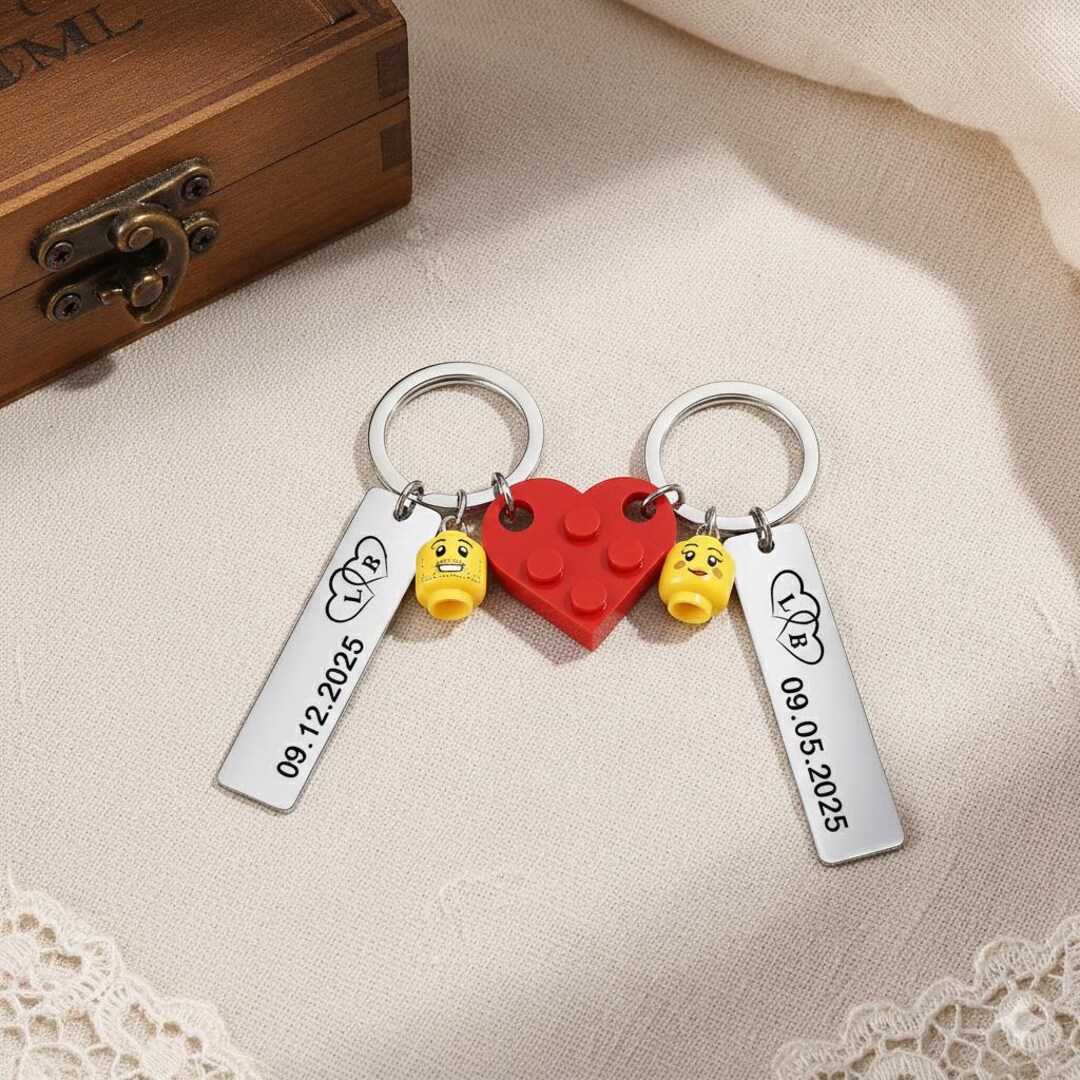 Custom Couple Keychain Set, Personalized Emoji Charm Matching Heart ...