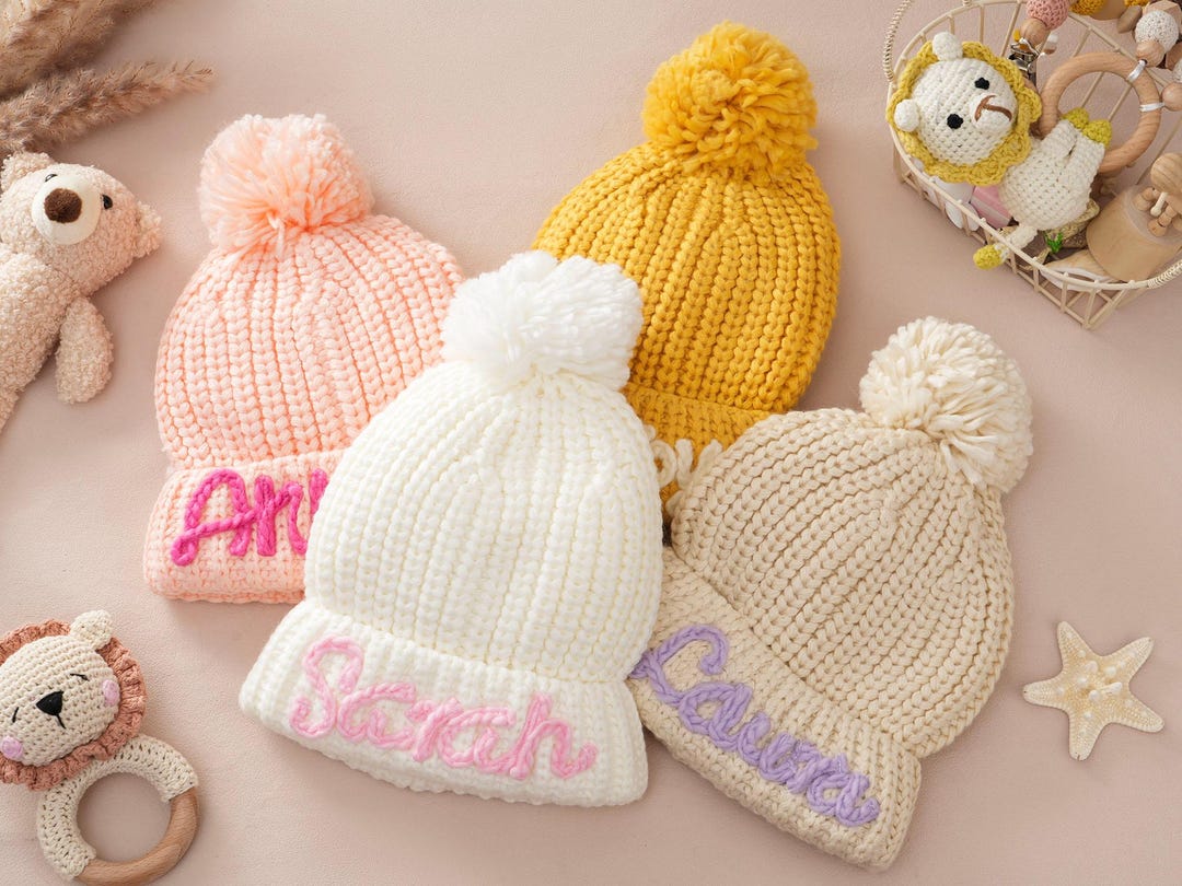 Embroidered Newborn Baby Beanie,personalized Knit Pom Pom Beanie,infant ...