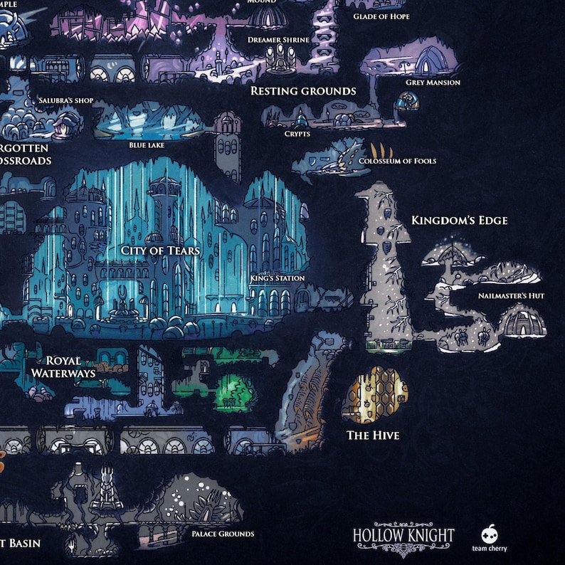 Hollow Knight Map Poster, Hallownest Map Print, Game Wall Art, Rolled ...