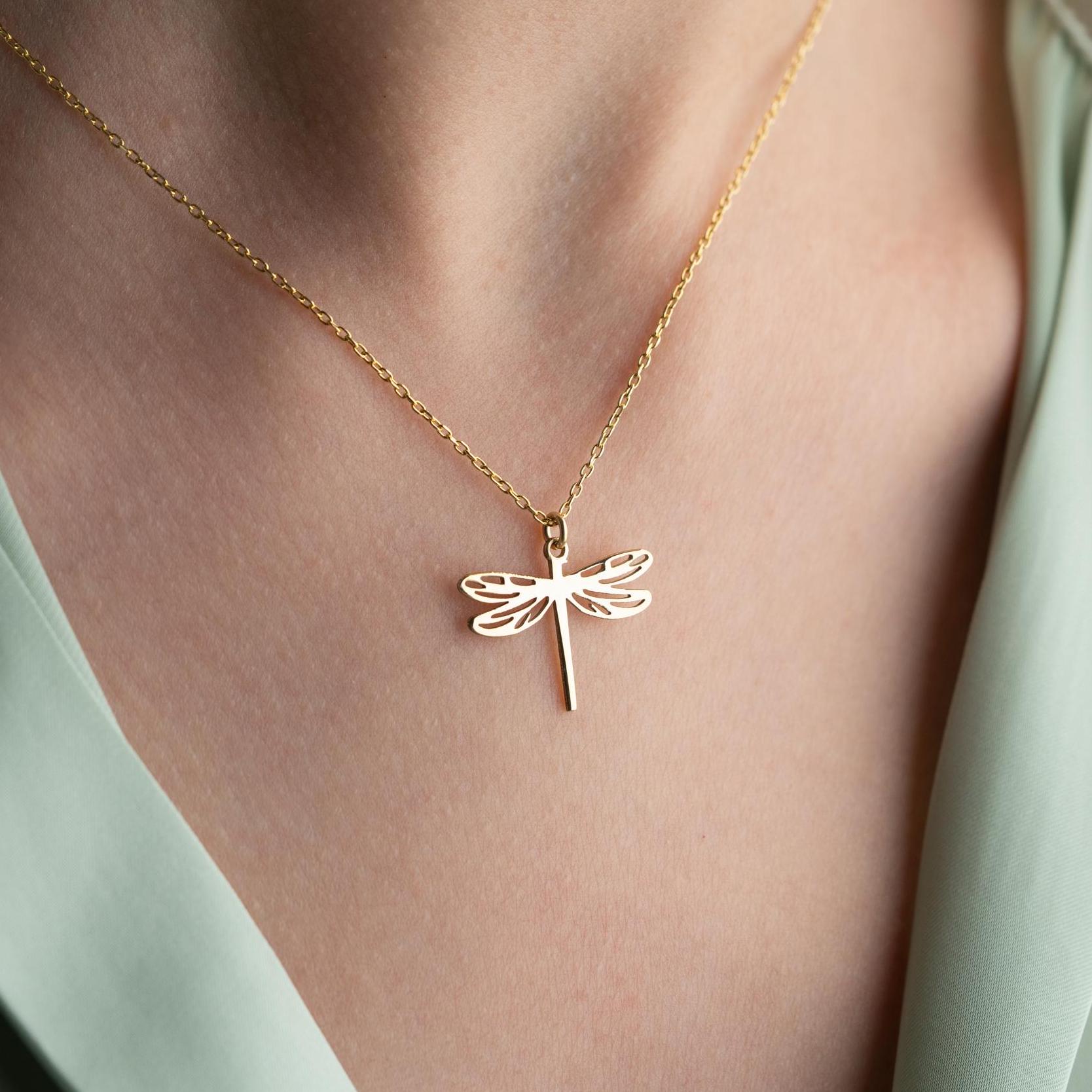 Silver Dragon Fly Necklace, 14k Solid Gold Tiny Dragonfly Necklace, Bug ...