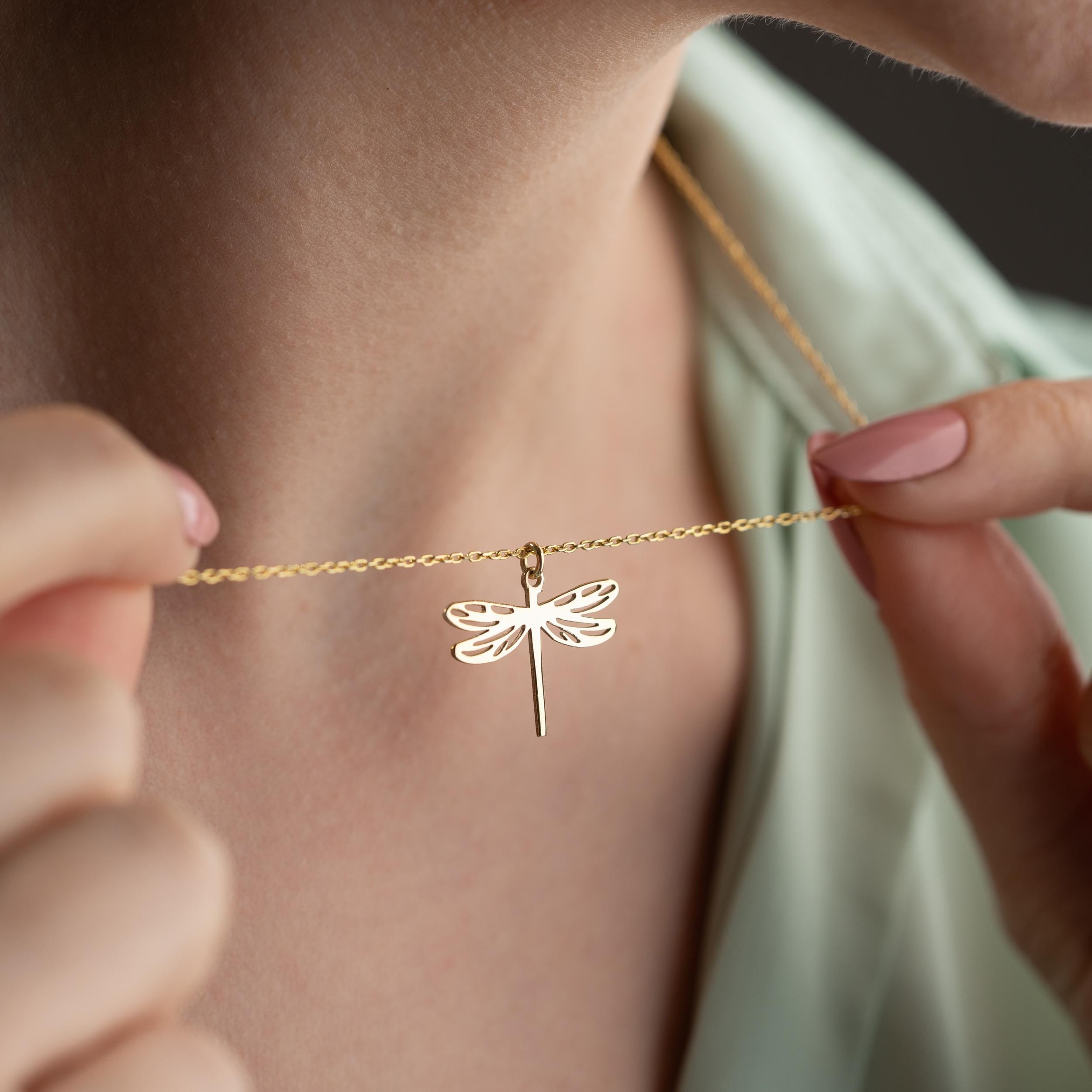 Silver Dragon Fly Necklace, 14k Solid Gold Tiny Dragonfly Necklace, Bug ...