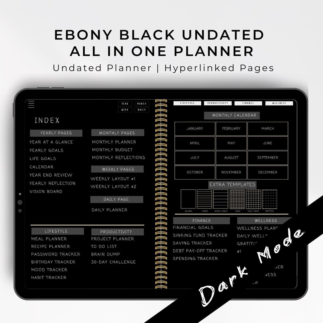Undated Dark Mode All in One Digital Planner (ebony Black) - Etsy