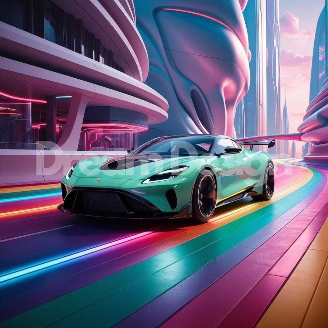 Car Mint Green Futuristic Supercar Rainbow PNG Image AI Prompt, High ...