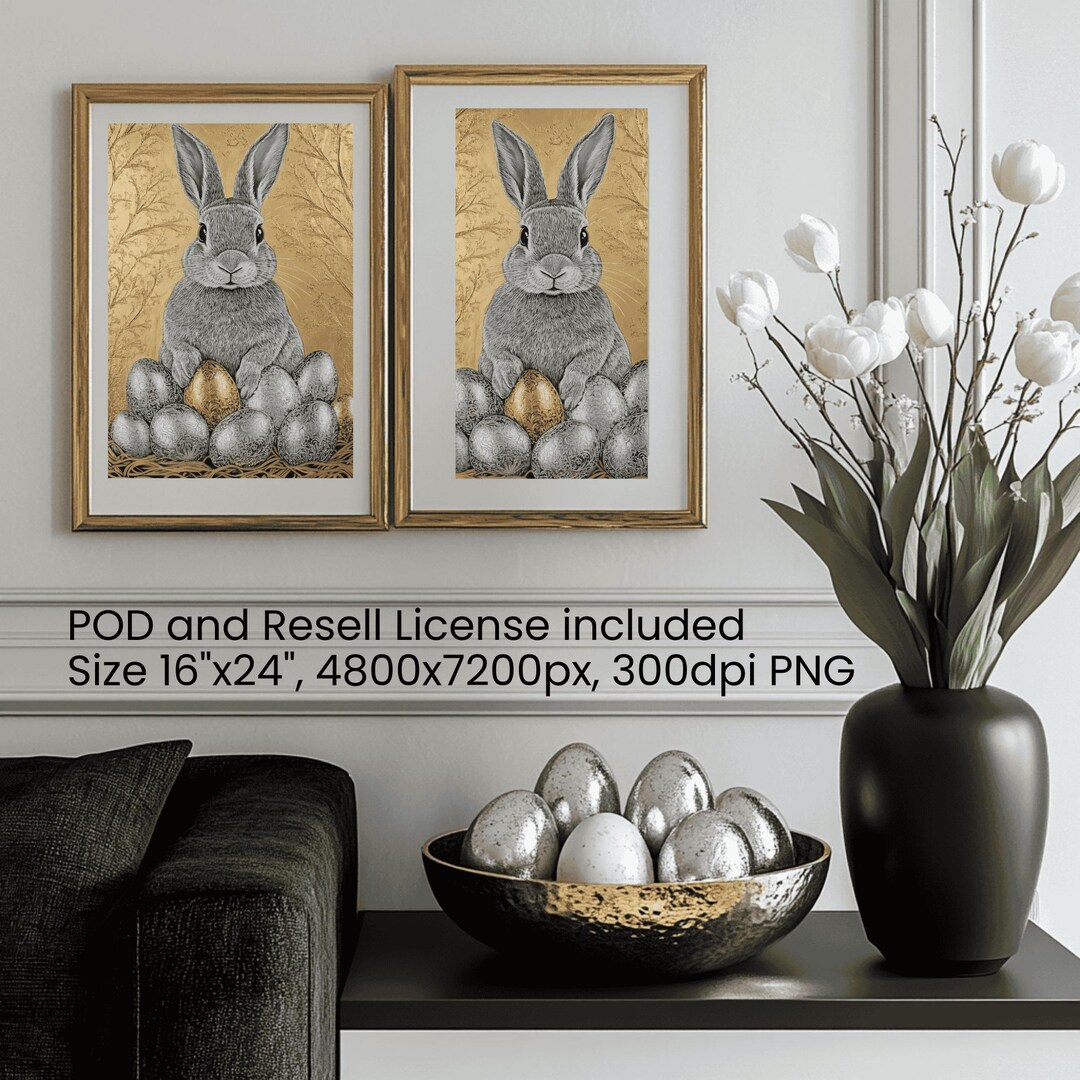 Easter Bunny Golden Egg Wall Art for Printing, Modern Romanticism ...