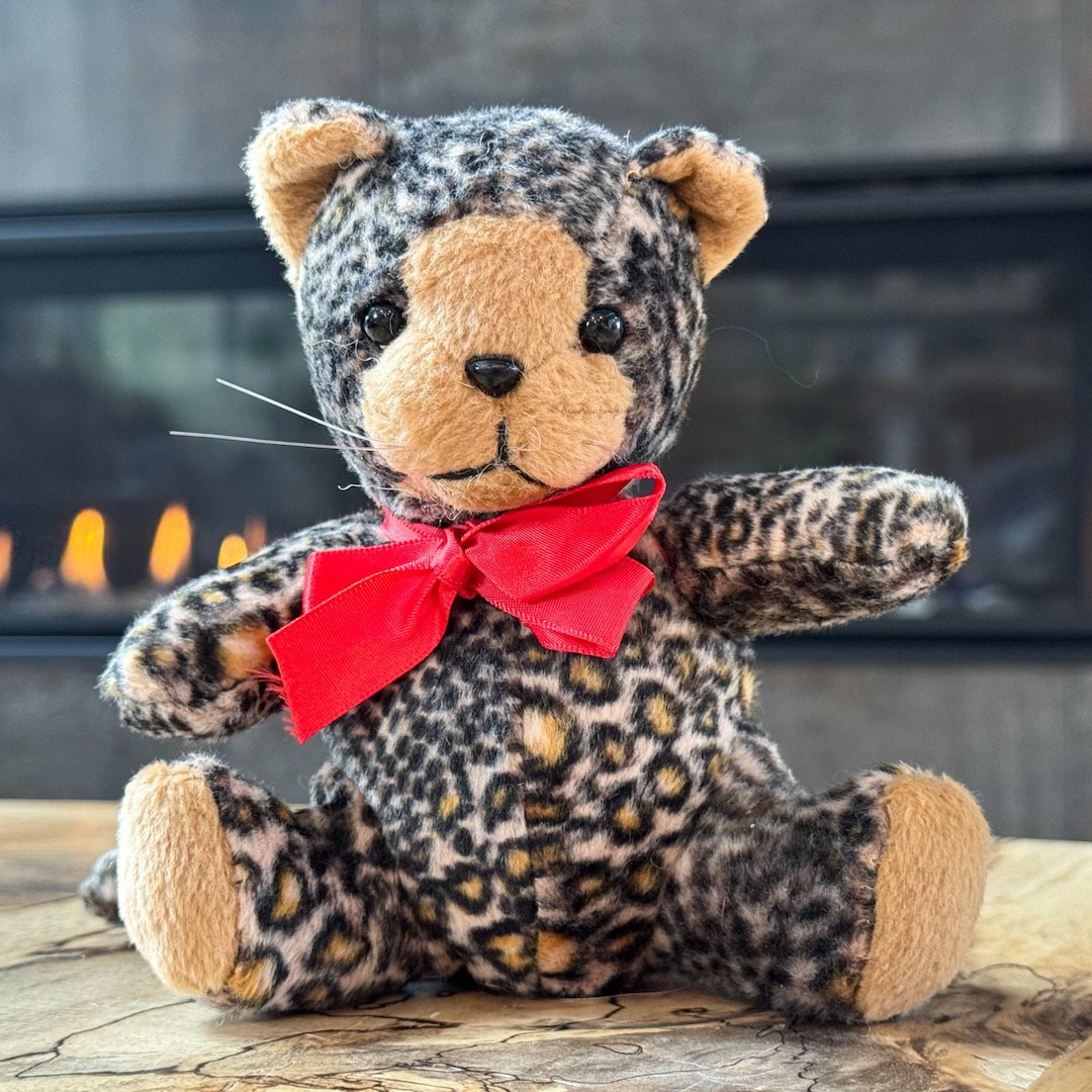 Vintage Spotted Leopard Print Cheetah Cat Teddy Bear Plush W/ Red Bow ...