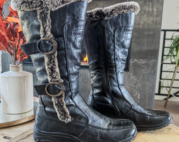 VTG-DPN Collection, Tall Black Faux Fur Trimmed Winter Boots W/ Sherpa ...