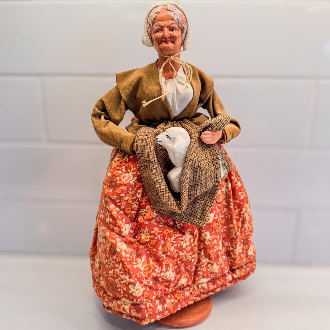 19th Century French Santon De Provence Clay Doll, Older Woman Carrying ...