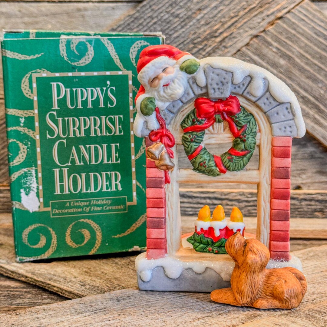 1980’s “puppy Surprise Candle Holder”-ceramic Christmas Decor W/ Box - Etsy