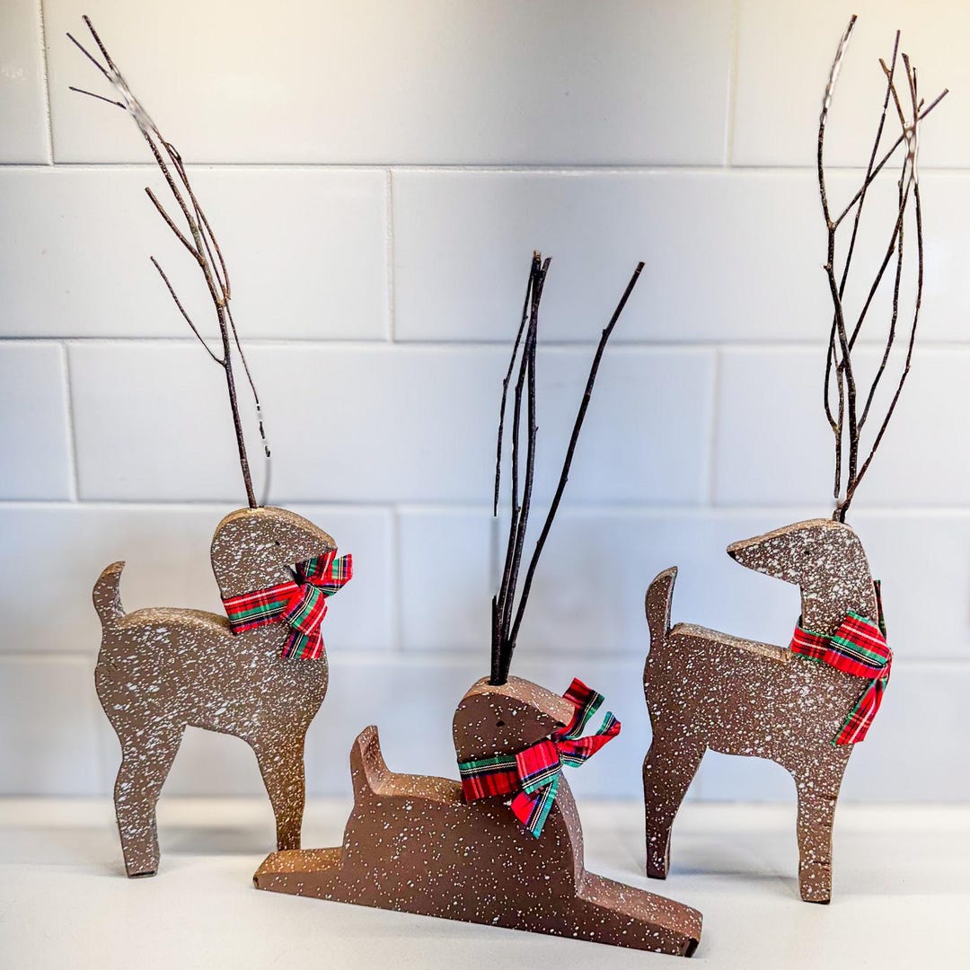 Vintage Handcrafted Rustic Family of Reindeer W/ Raw Twig Antlers and ...